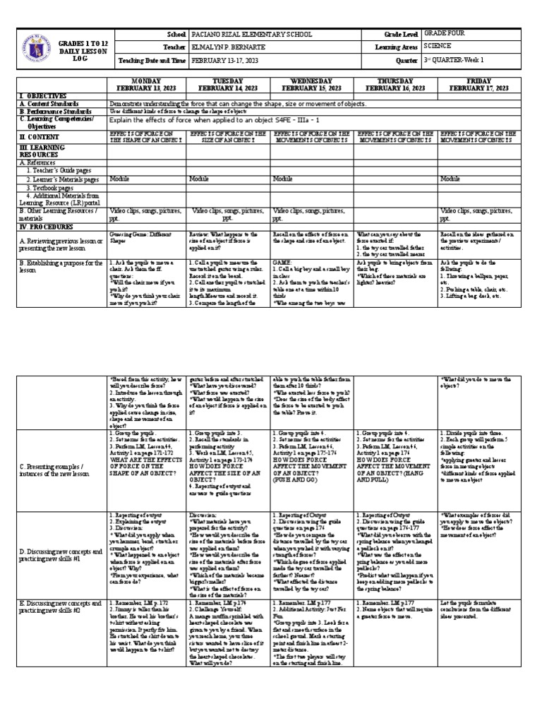 DLL SCIENCE 3Q Week 1 | PDF | Force | Learning