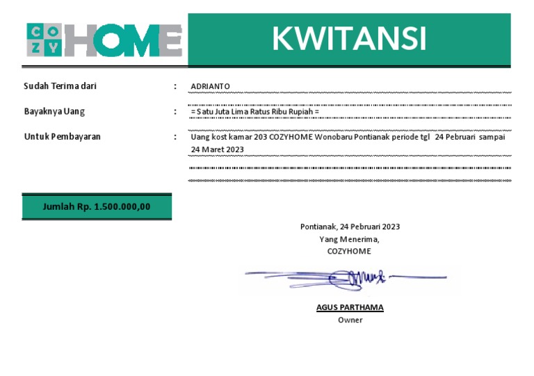 KWITANSI KOST-ADRIANTO-won203 | PDF