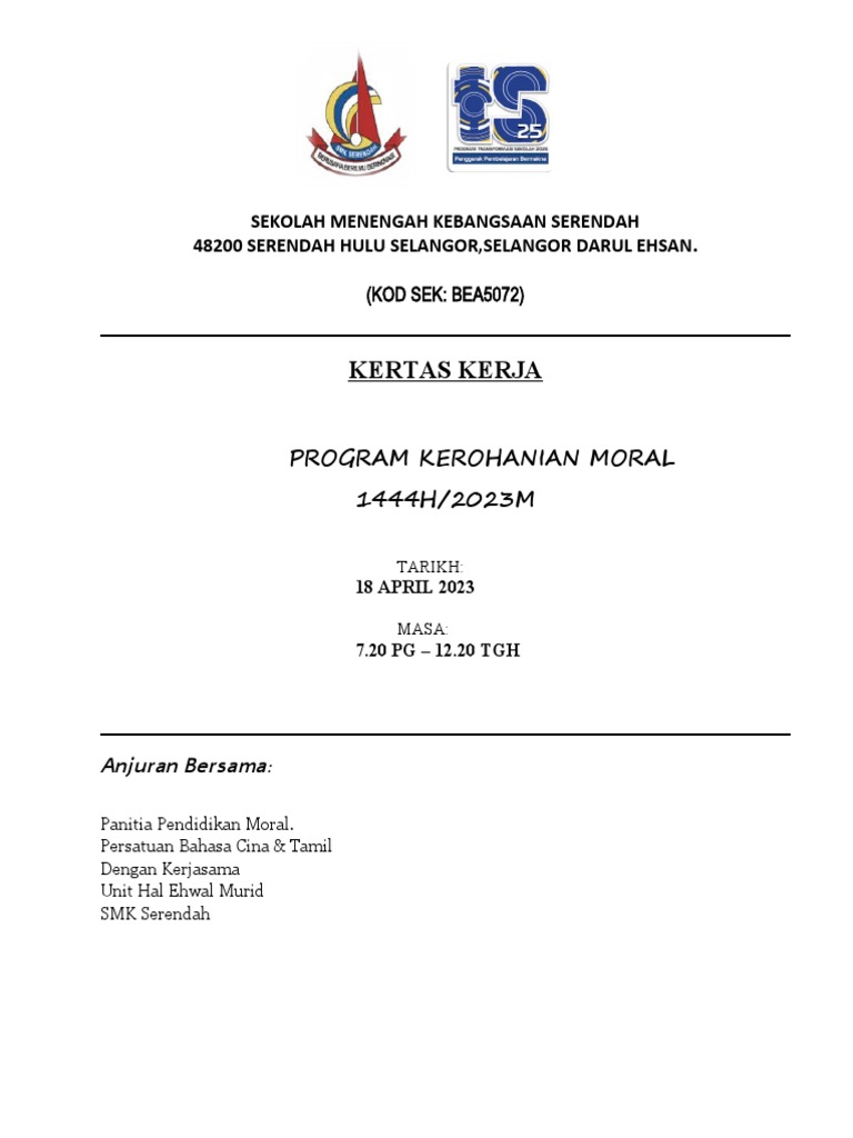 Kertas Kerja Program Kerohanian Moral 2023 | PDF