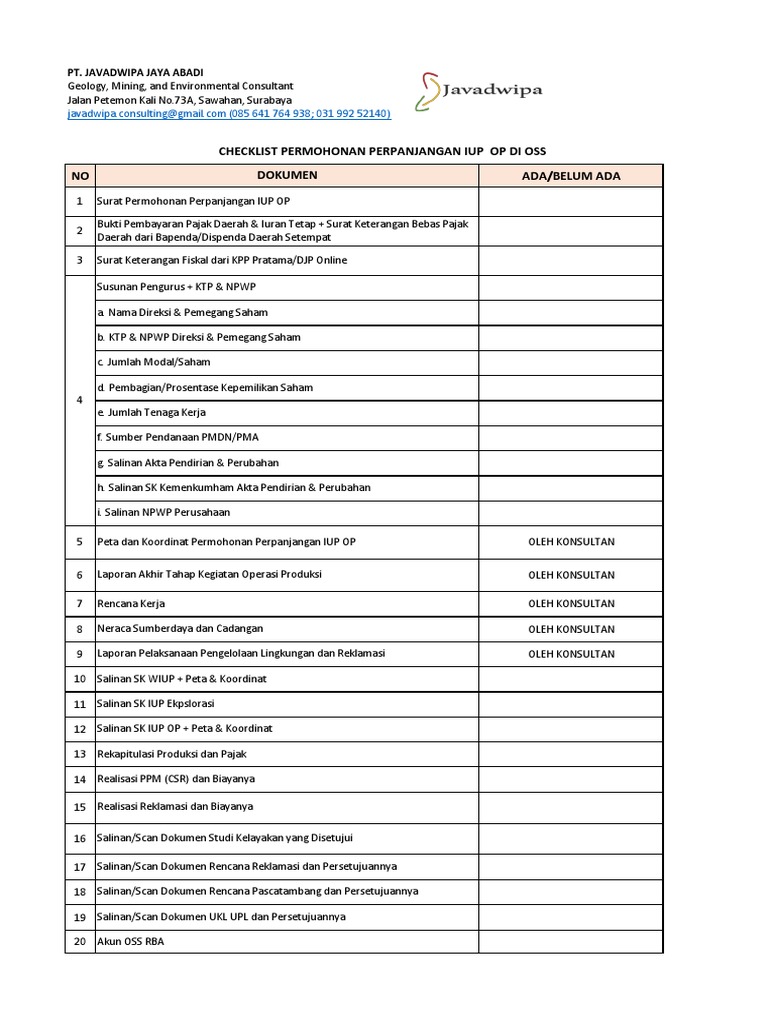 Checklist Perpanjangan Iup Op Via Oss | PDF