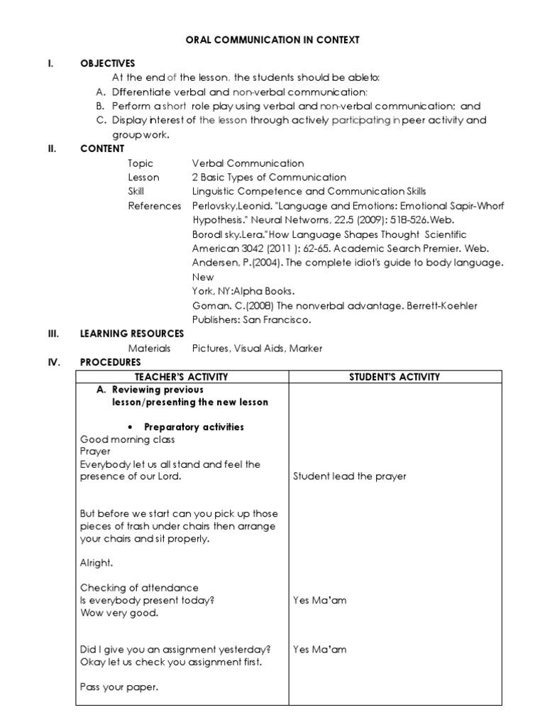 SHS Lesson Plan | PDF | Nonverbal Communication | Communication