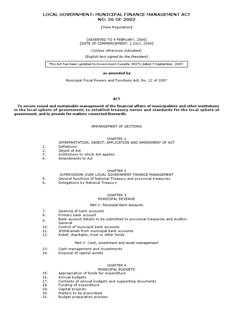 Local Government Municipal Finance Management Act No. 56 of 2003 | PDF ...
