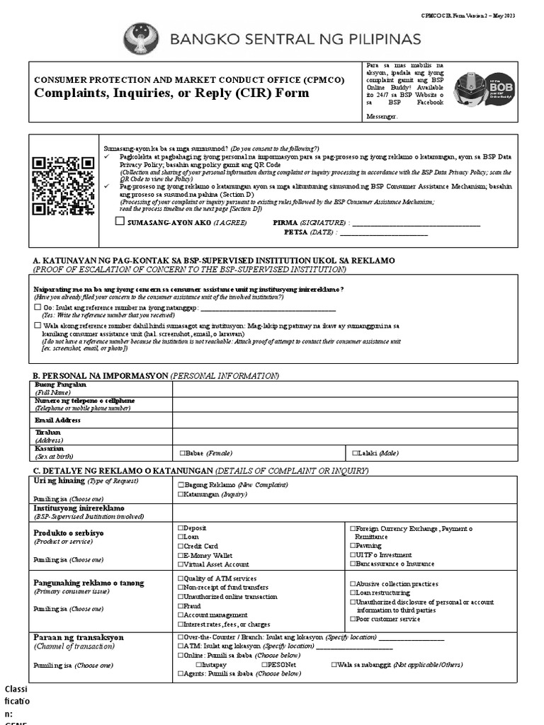 BSP CIR Form for Consumer Complaints | PDF | Credit Card | Money