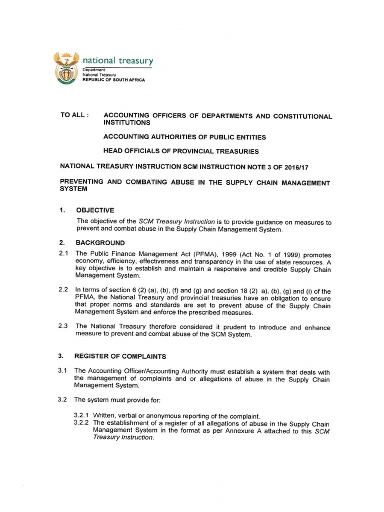National Treasury SCM Instruction No 3 of 2016-2017 - Prevention and ...
