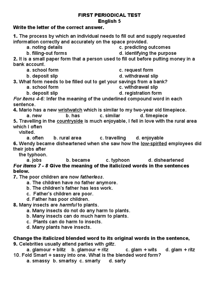 Edited First Periodical Test - ENGLISH 5 | PDF | Verb | Syntax