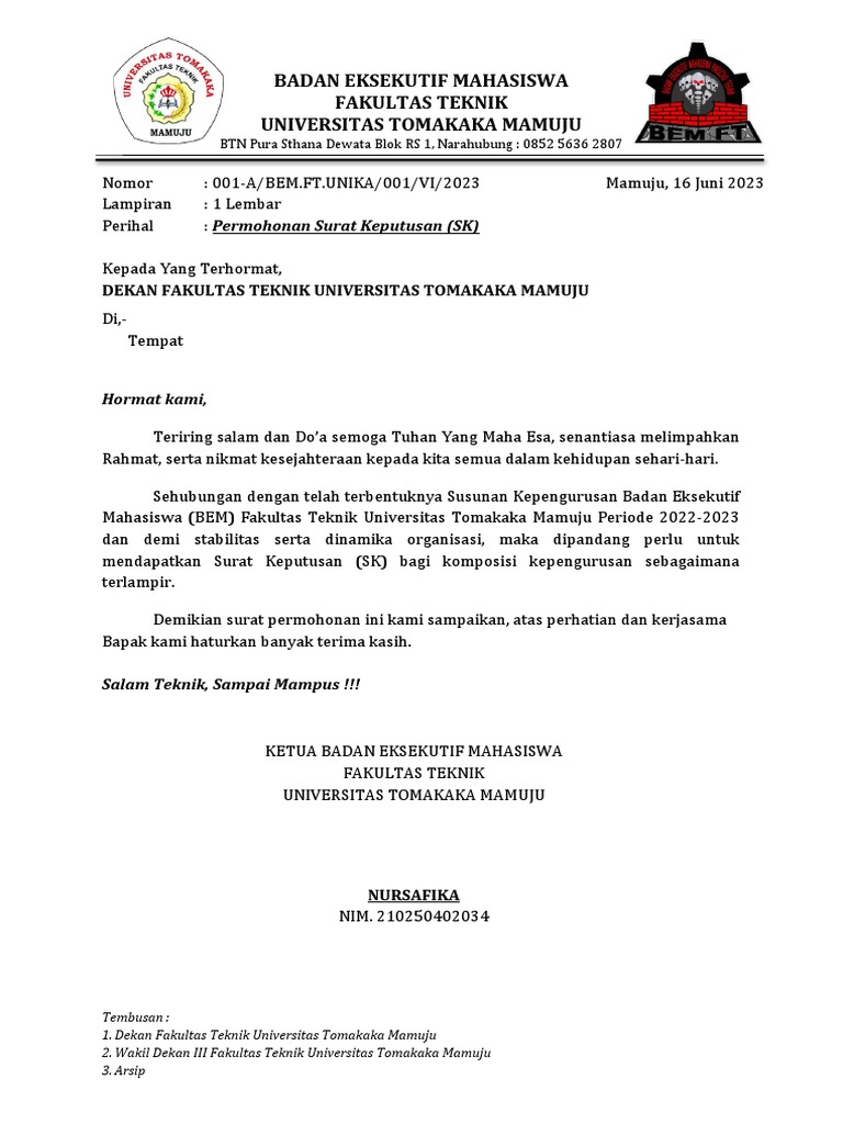 Surat Permohonan SK Pengurus | PDF