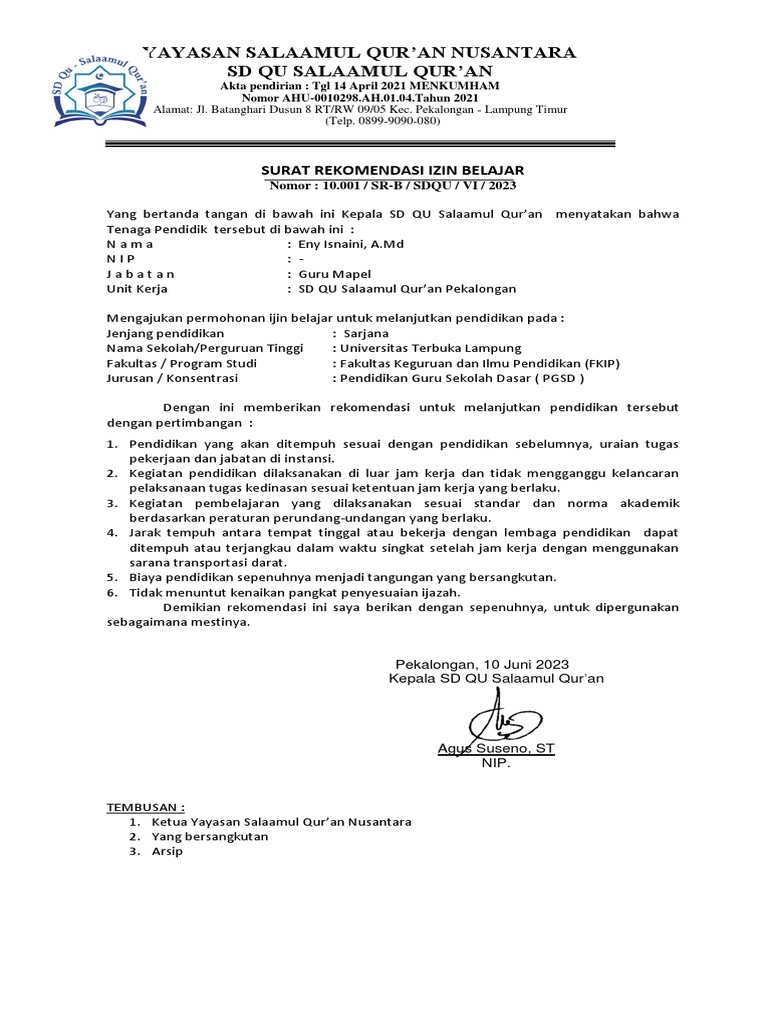 Surat - Rekomendas Mengajar Eny | PDF