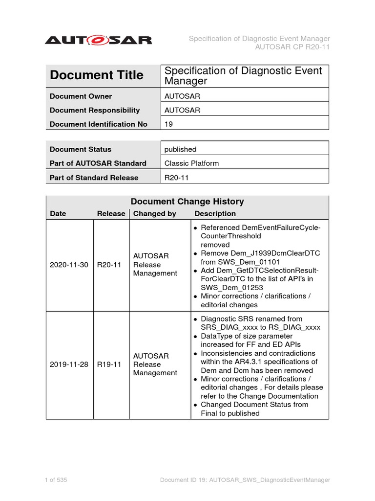 AUTOSAR SWS DiagnosticEventManager | PDF | Specification (Technical Standard) | Information ...