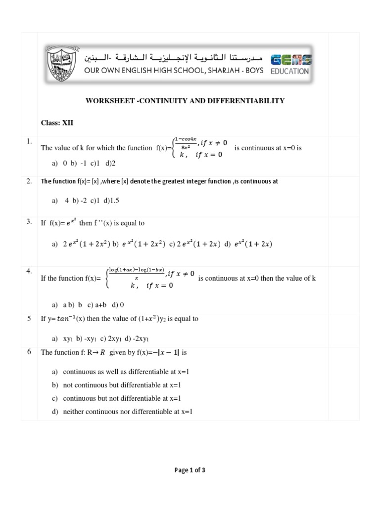 Worksheet - Continuity and Differentiability | PDF | Function (Mathematics) | Mathematical Logic