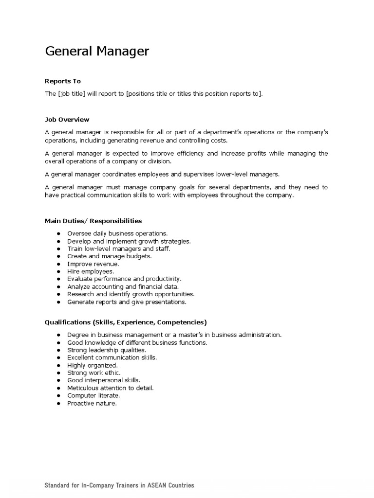 General Manager Duties and Overview | PDF