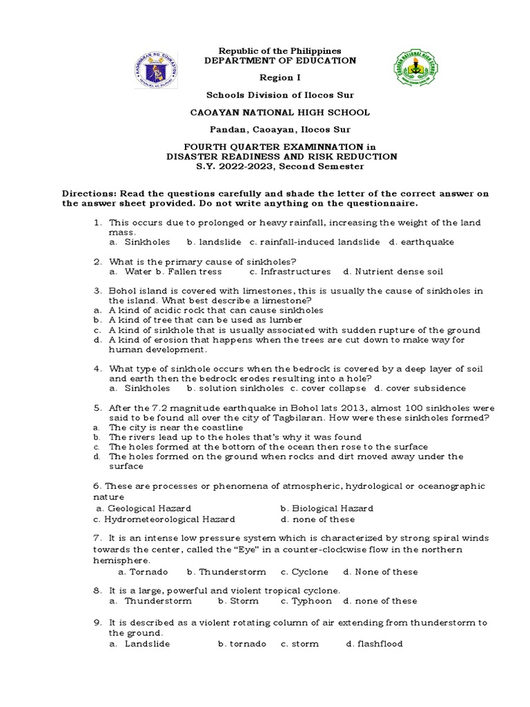 DRRR q4 Examination | PDF | Tropical Cyclones | Fires