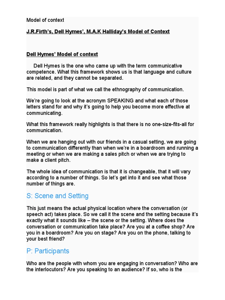 J.R.Firth's, Dell Hymes', M.A.K Halliday's Model of Context | PDF ...