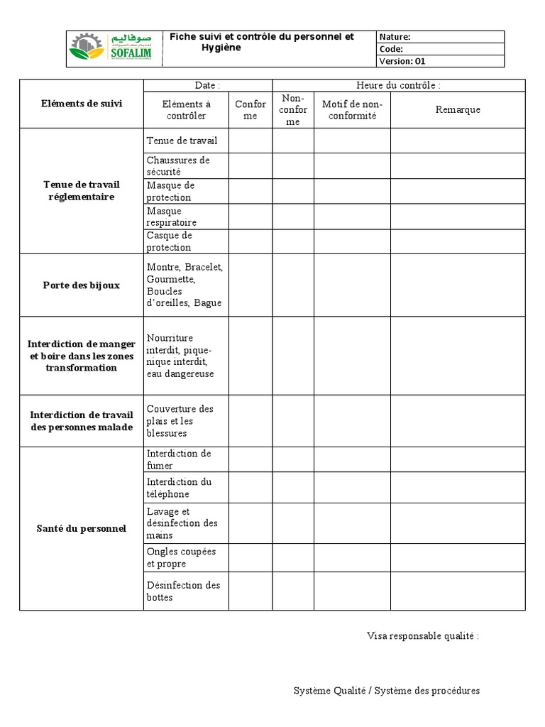 Suivi et contrôle de l'hygiène du personnel | PDF | Sécurité