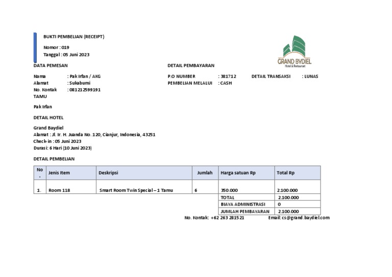 Nota Hotel Grand Baydiel Pak Irfan 1 | PDF