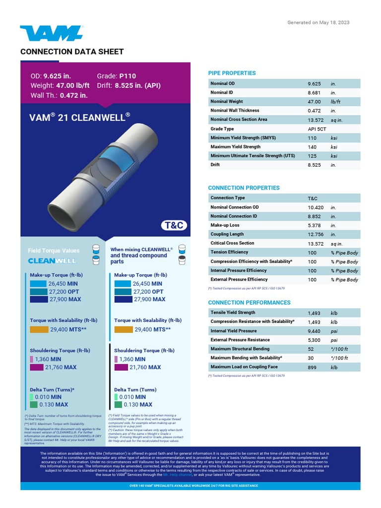 CDS VAM® 21 CW CW 9.625in. 47lb-ft P110 API Drift 8.525in. | PDF | Pipe (Fluid Conveyance ...