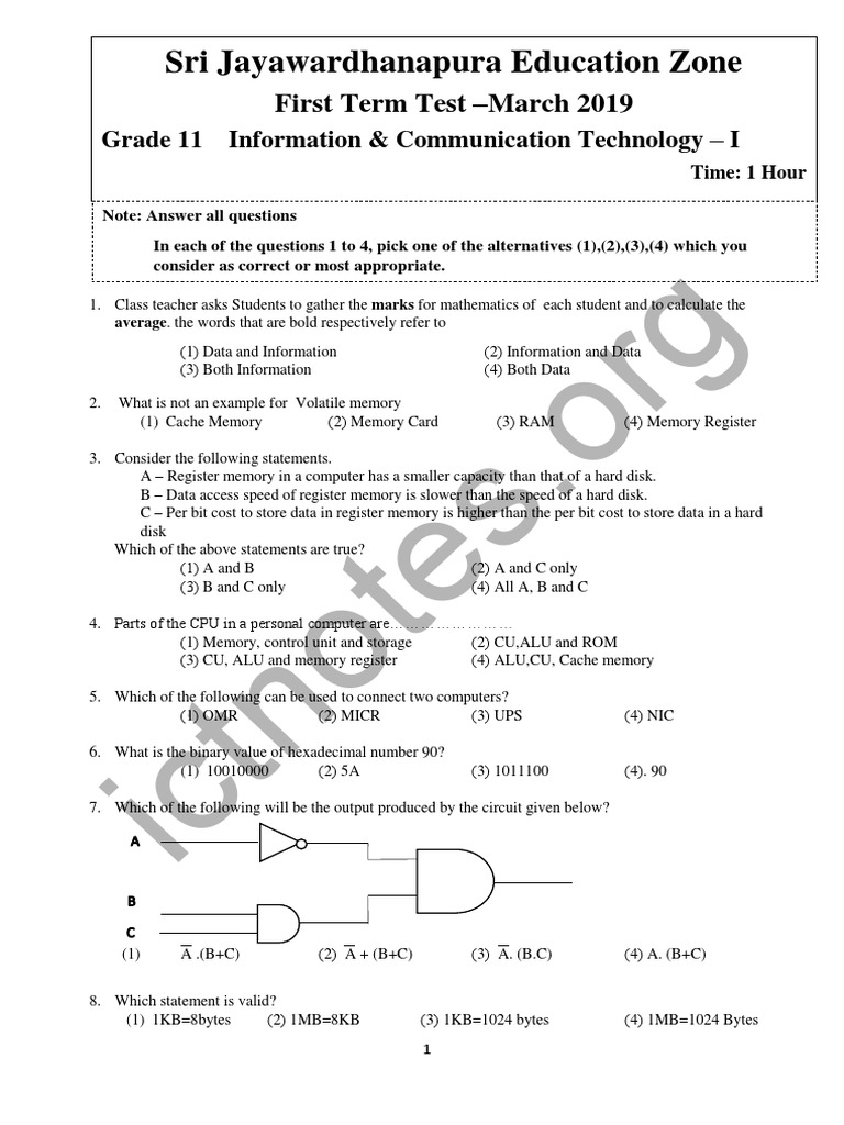 OL ICT First Term Sri Jayawardhanapura Education Zone English Medium Grade 11 MCQ Paper 2019 ...