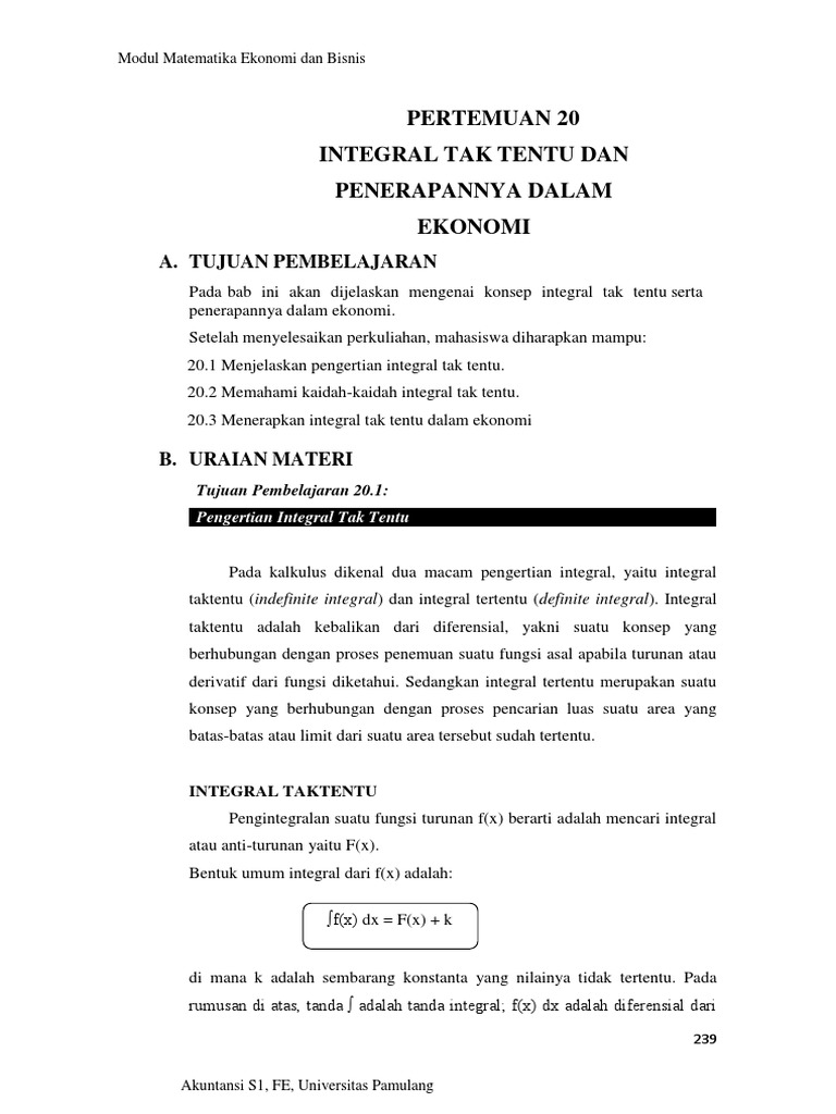 Pertemuan 20. Integral Tak Tentu Dan Penerapannya Dalam Ekonomi | PDF