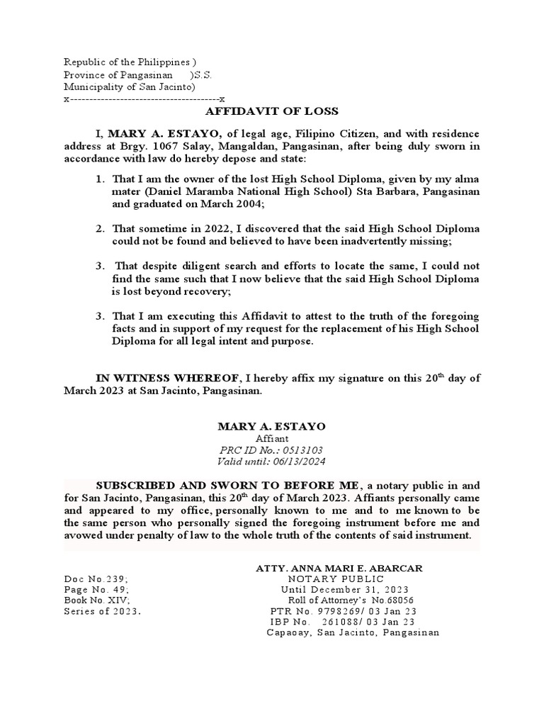 Affidavit of Loss (Diploma) | PDF | Affidavit | Public Law
