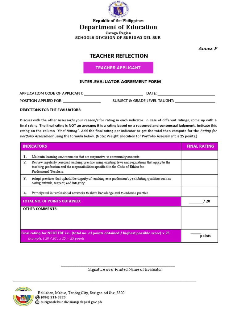 Annex P - Teacher Reflection Inter-Evaluator Agreement Form | PDF | Teachers | Learning