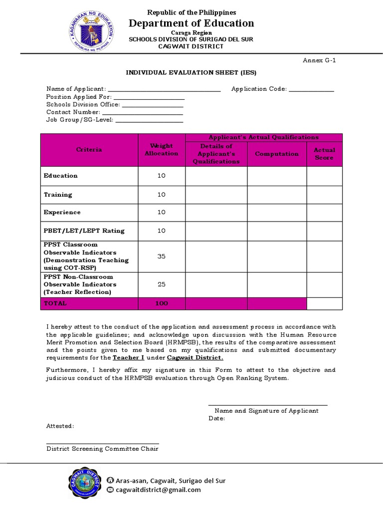Individual Evaluation Sheet for DepEd Applicants | PDF