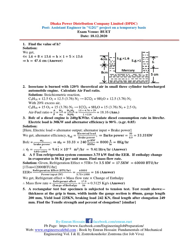 DPDC G2G Job Exam Solution BUET | PDF | Gear | Diesel Engine