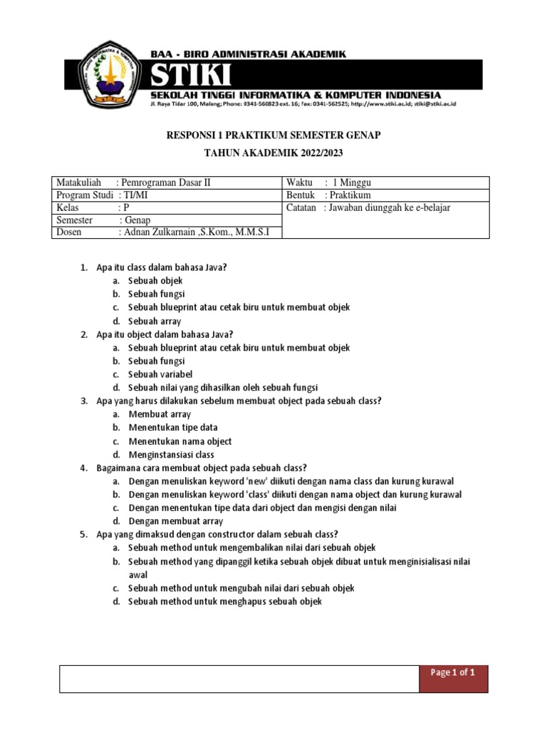 Pemrograman Dasar II - Soal - Responsi - 1 - Genap - 2022-2023 | PDF