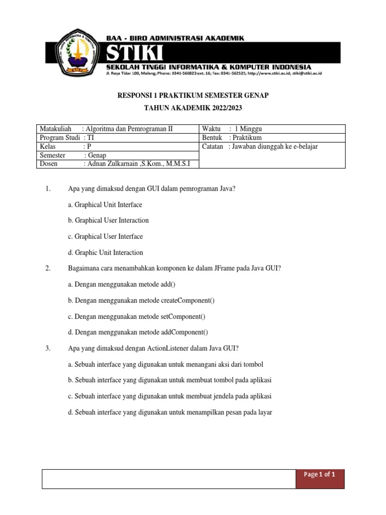 Algoritma Dan Pemrograman II - Soal - Responsi - 1 - Genap - 2022-2023 | PDF | Metode & Bahan ...