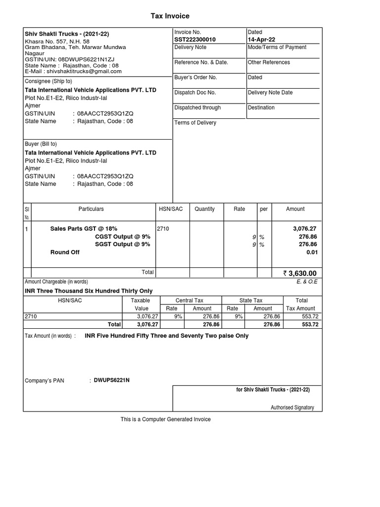 Tax Invoice: Plot No.E1-E2, Riico Industr-Ial Ajmer Gstin/Uin: 08AACCT2953Q1ZQ State Name ...