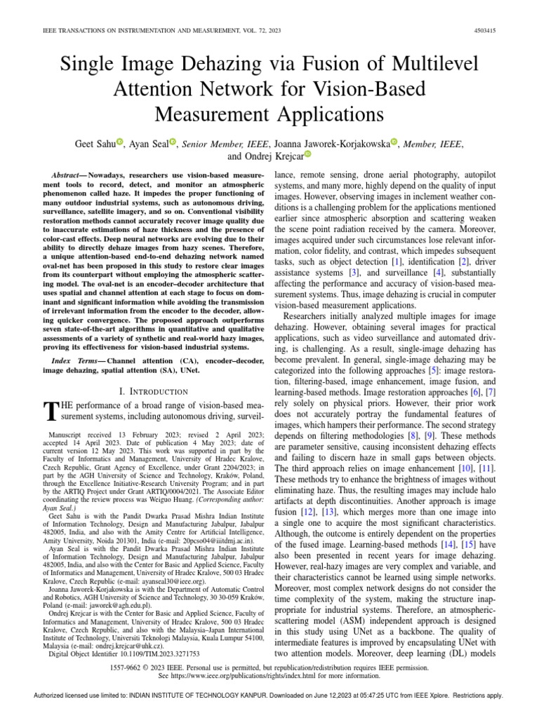 Single Image Dehazing Via Fusion of Multilevel Attention Network For Vision-Based Measurement ...
