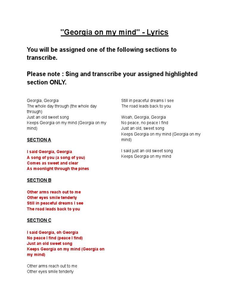 Georgia On My Mind Lyrics - SECTIONS | PDF