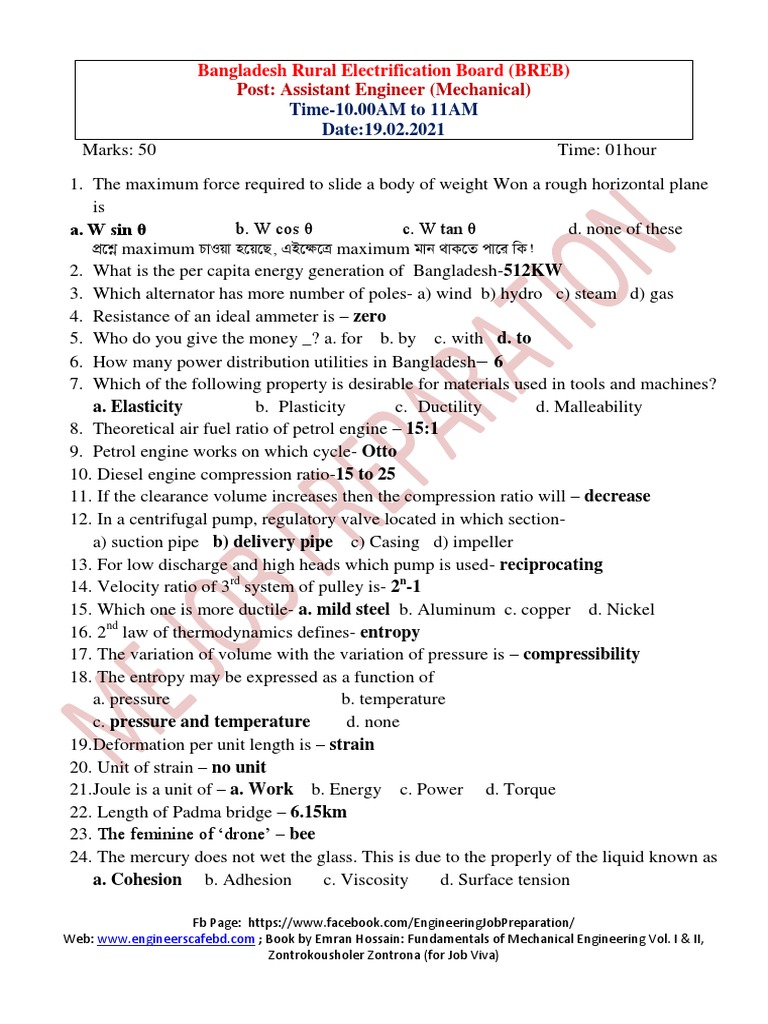 BREB Job Question Solution For Mechanical Engineering Bangladesh | PDF | Pump | Engines