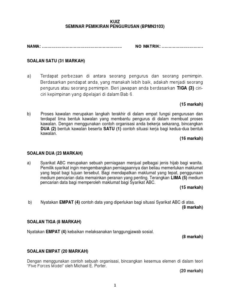 Kuiz Sem Okt 2021 Set 1 | PDF