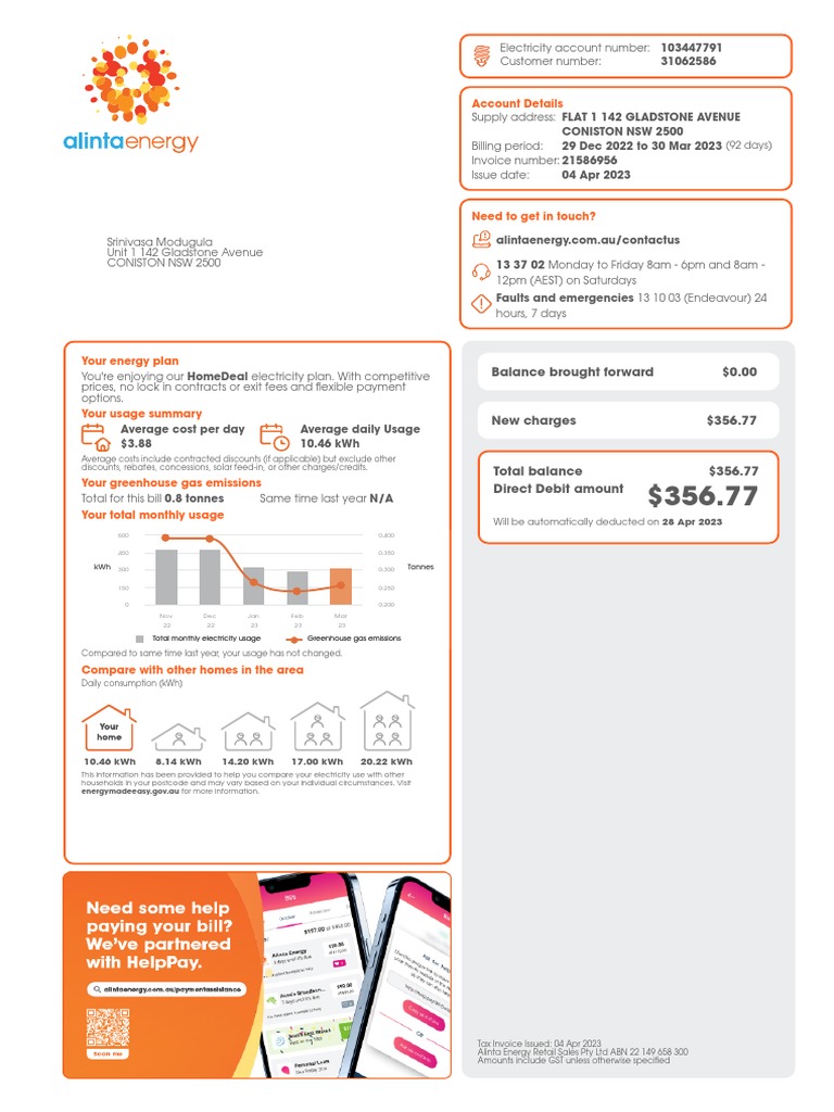Alinta Energy Sample Bill Overview | PDF | Cheque | Debit Card