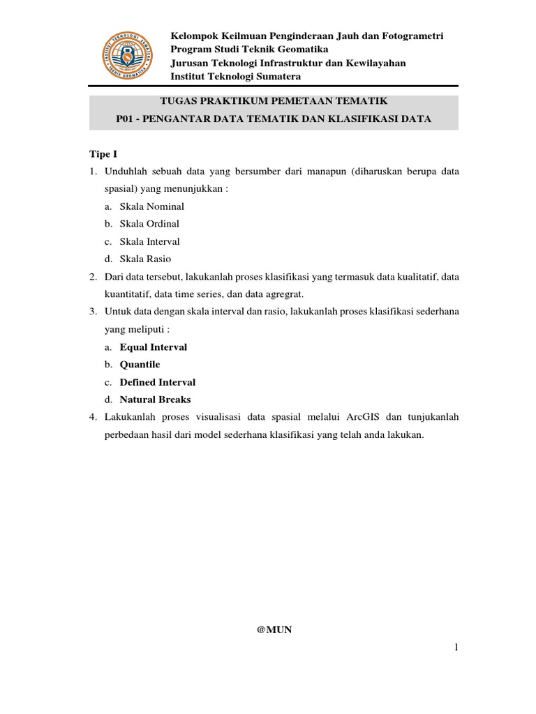TP01 - Pengantar Data Dan Klasifikasi Data - PR Pemetaan Tematik - 2022 | PDF