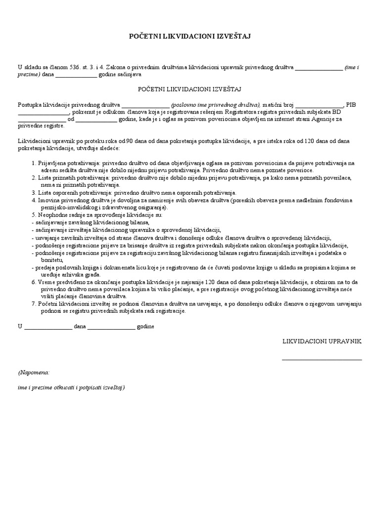 Pocetni Likvidacioni Izvestaj.1 | PDF