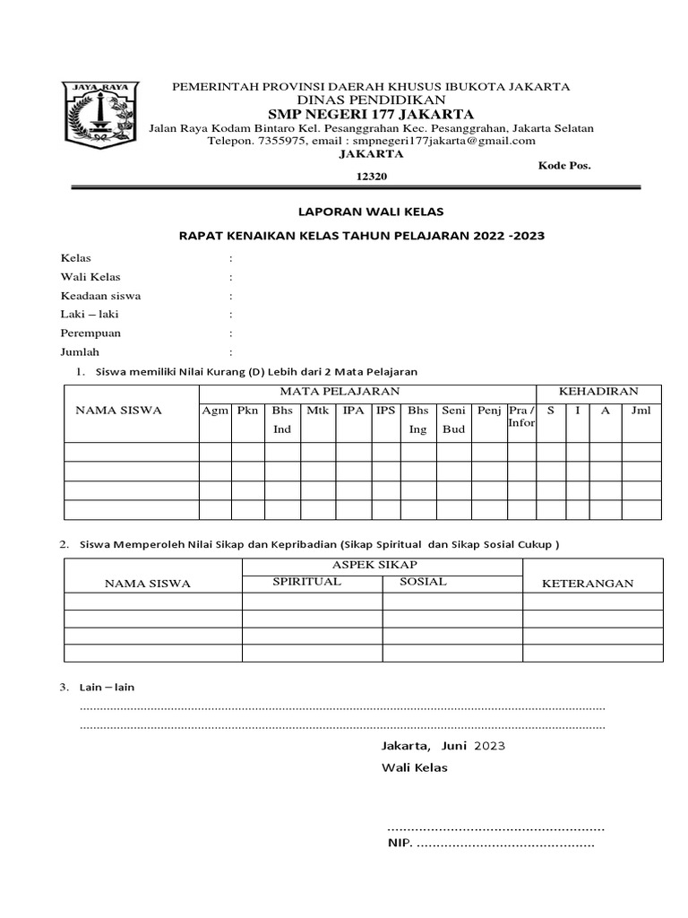 Laporan Wali Kelas | PDF
