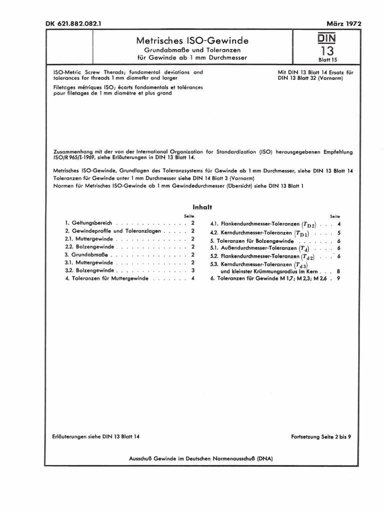 DIN 13-15.1972-03 - Metrisches ISO-Gewinde - Grundabmaße und Toleranzen für Gewinde ab 1 mm ...