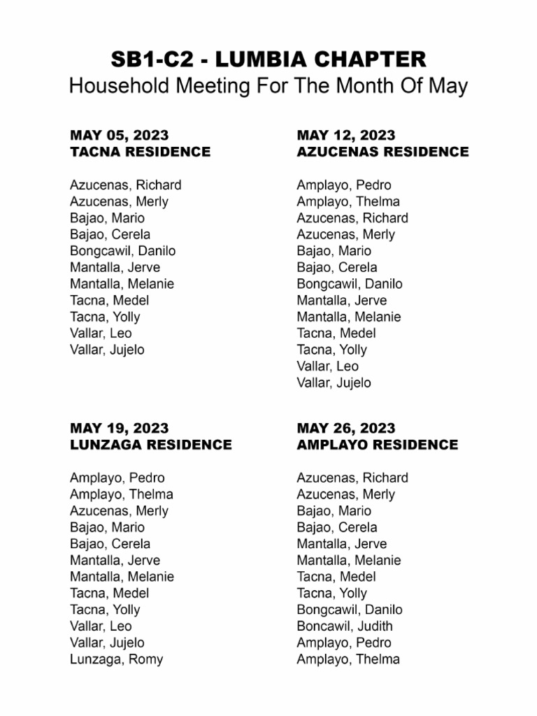 Lumbia Chapter Attendance and Schedule | PDF