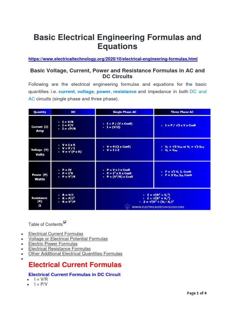 Basic Electrical Engineering Formulas and Equations | PDF | Electrical ...