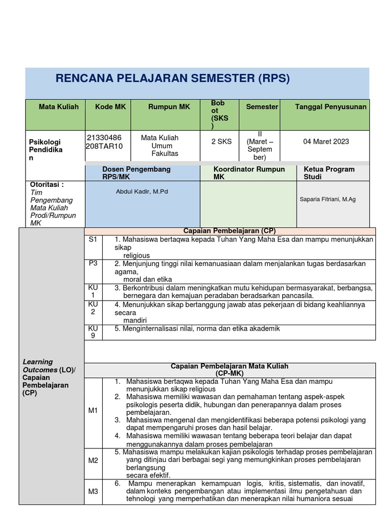 RPS Psikologi Pendidikan | PDF