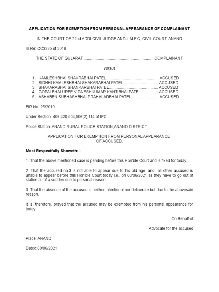 APPLICATION FOR EXEMPTION FROM PERSONAL APPEARANCE OF COMPLAINANT | PDF