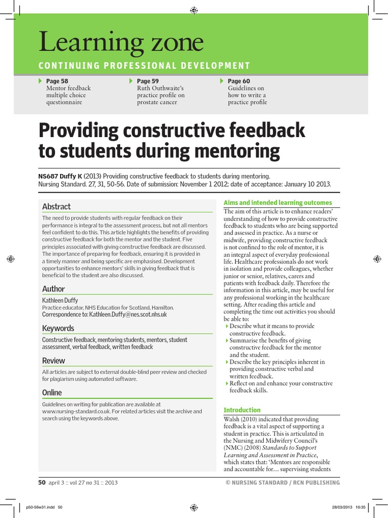 Mentoring Feedback for Nurses | PDF | Mentorship | Nursing