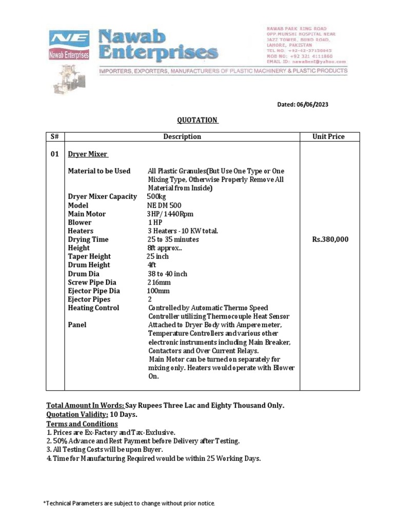 Mixer Dryer Quotation-Imran Sb-Expert Packaging-2023 | PDF