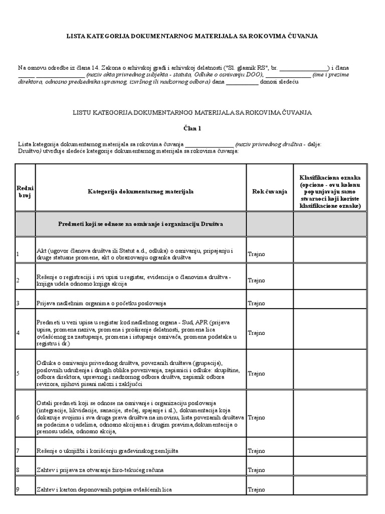 LISTA KATEGORIJA DOKUMENTARNOG MATERIJALA SA ROKOVIMA CUVANJA.1 | PDF