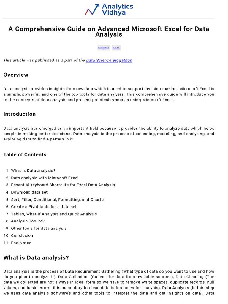 Advanced Excel for Data Analysis Guide | PDF | Data Analysis ...