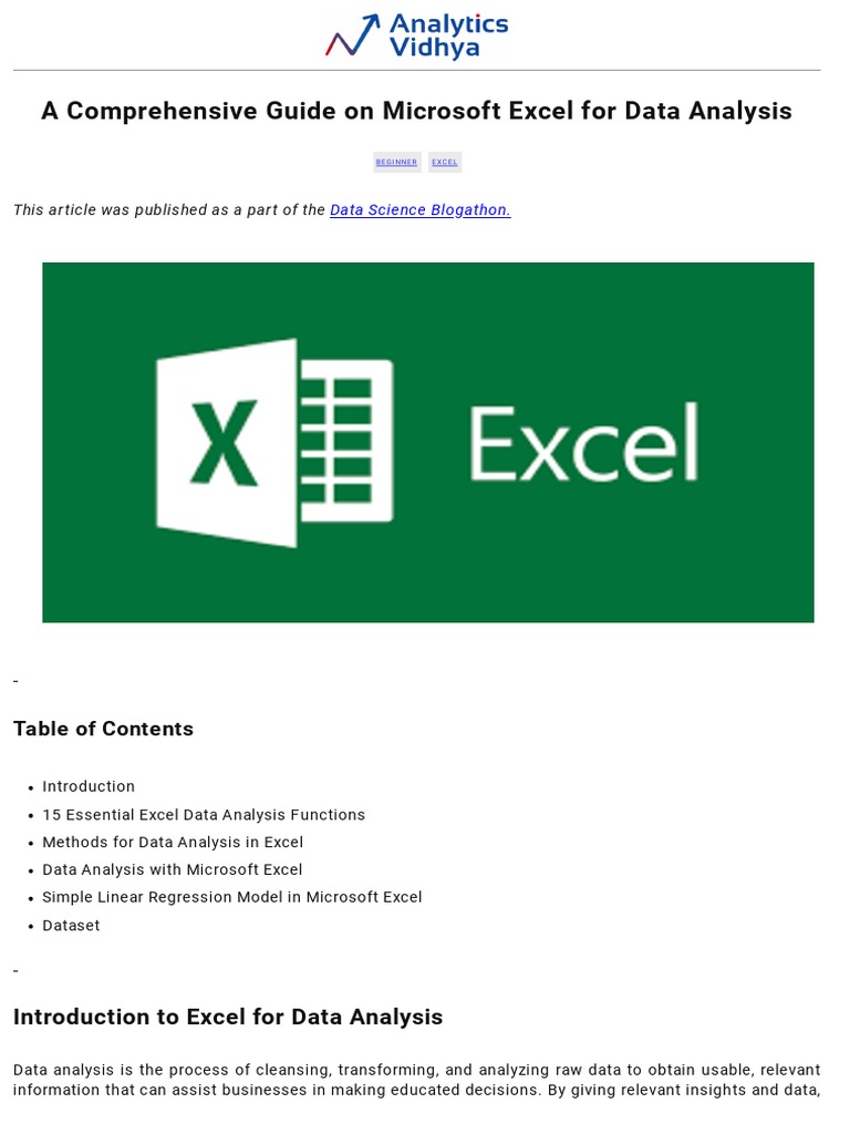 A Comprehensive Guide On Microsoft Excel For Data Analysis | PDF | Data Analysis | Microsoft Excel