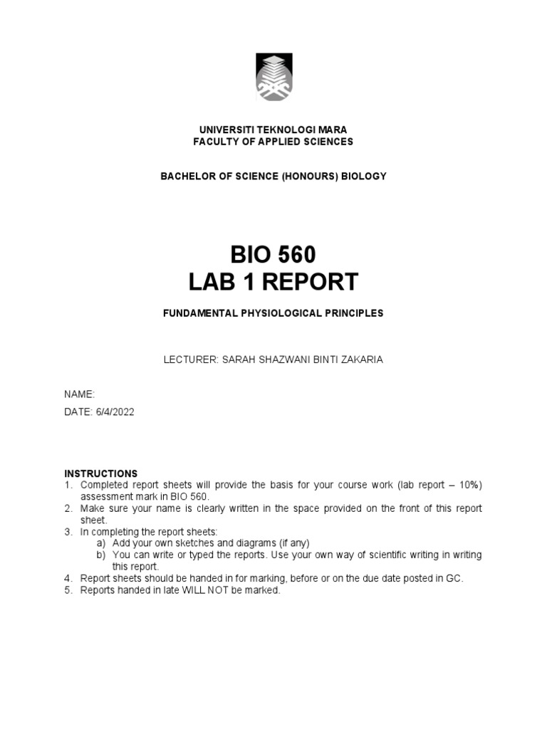 BIO560 Lab report 1 (Introduction & Methodology) | PDF | Ph | Acid