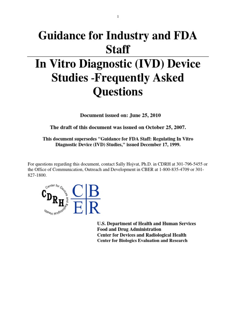 Guidance For Industry and FDA Staff in Vitro Diagnostic (IVD) Device Studies Frequently Asked ...
