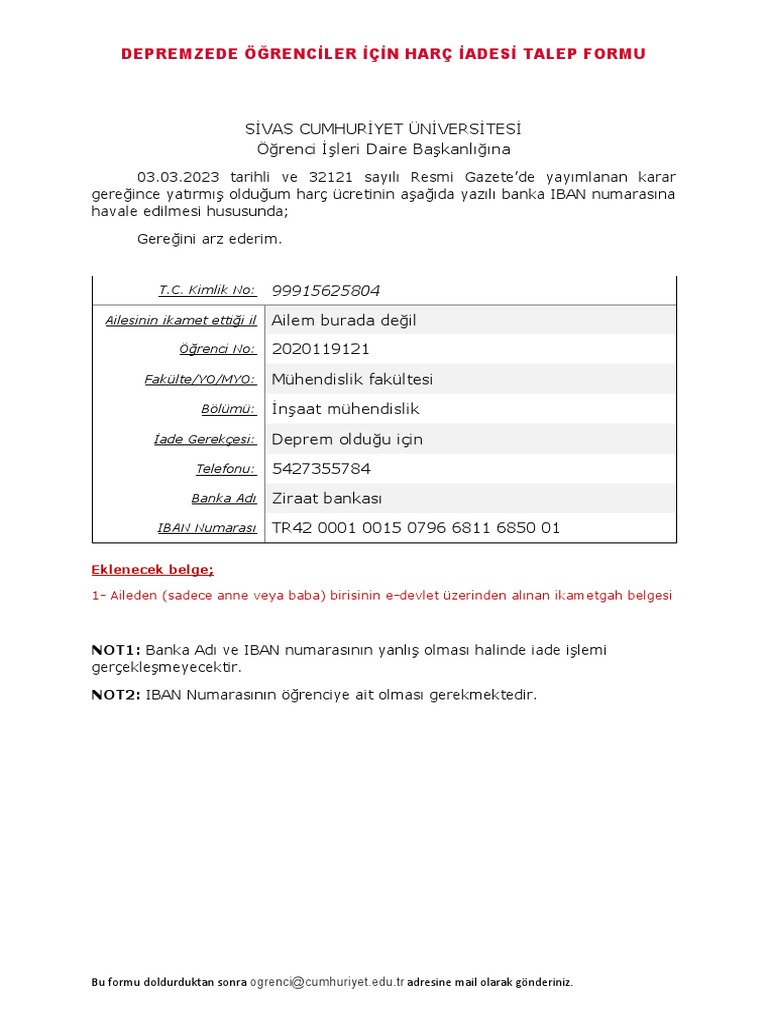 Copie de Depremzede Ogrenciler Icin Harc Iade Formu | PDF