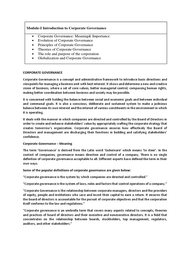 Introduction to Corporate Governance | PDF | Governance | Corporate ...